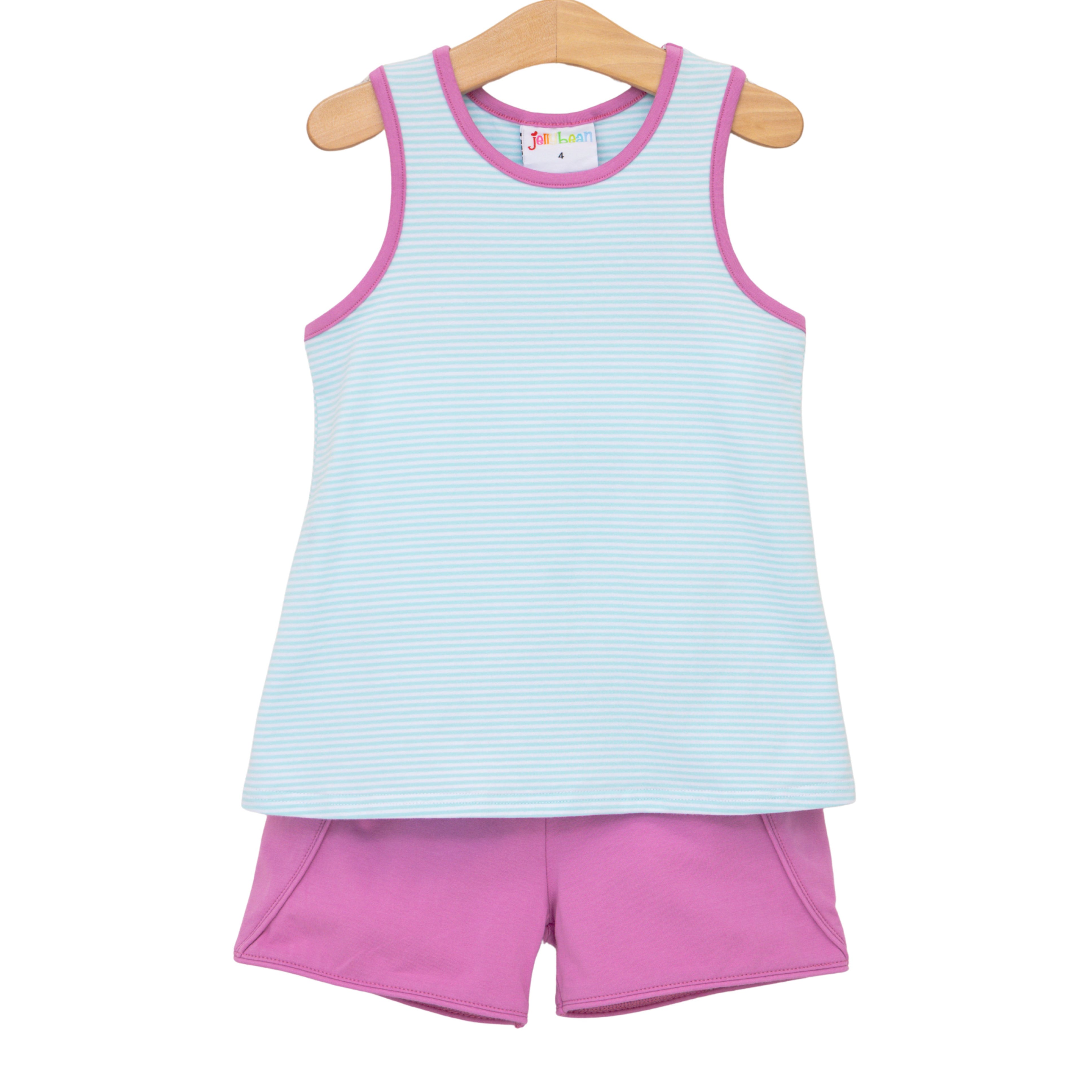 Abby Bow Back Short Set- Aqua Stripe and Fuchsia – Proper Peach Monograms